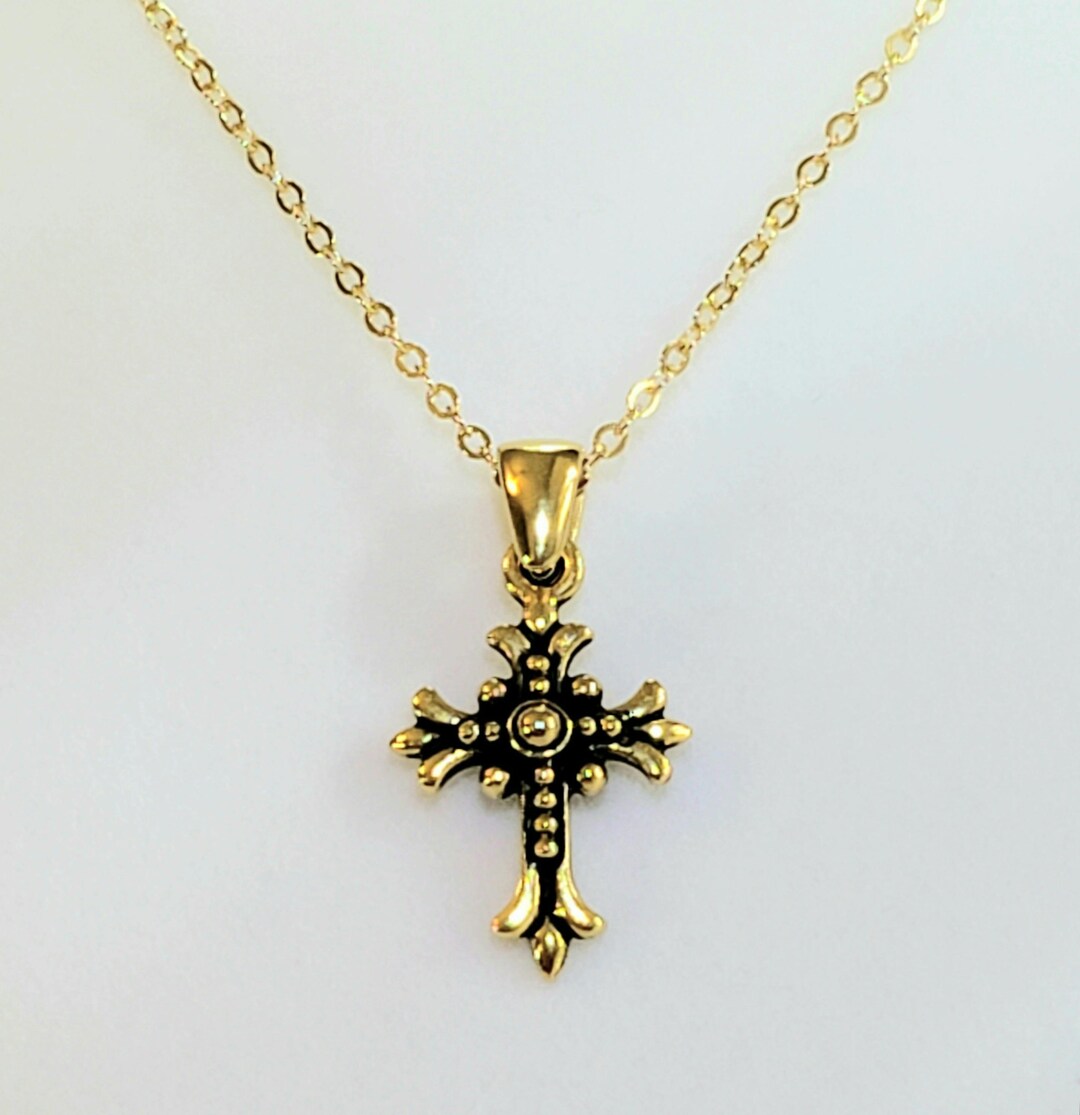 Antique Gold French Fleur Cross Pendant in Gold Plated Pewter & 14K ...