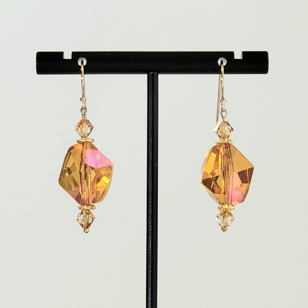 Astral Pink Orange Earrings in Swarovski Cosmic Cut in Orange/gold/pink ...