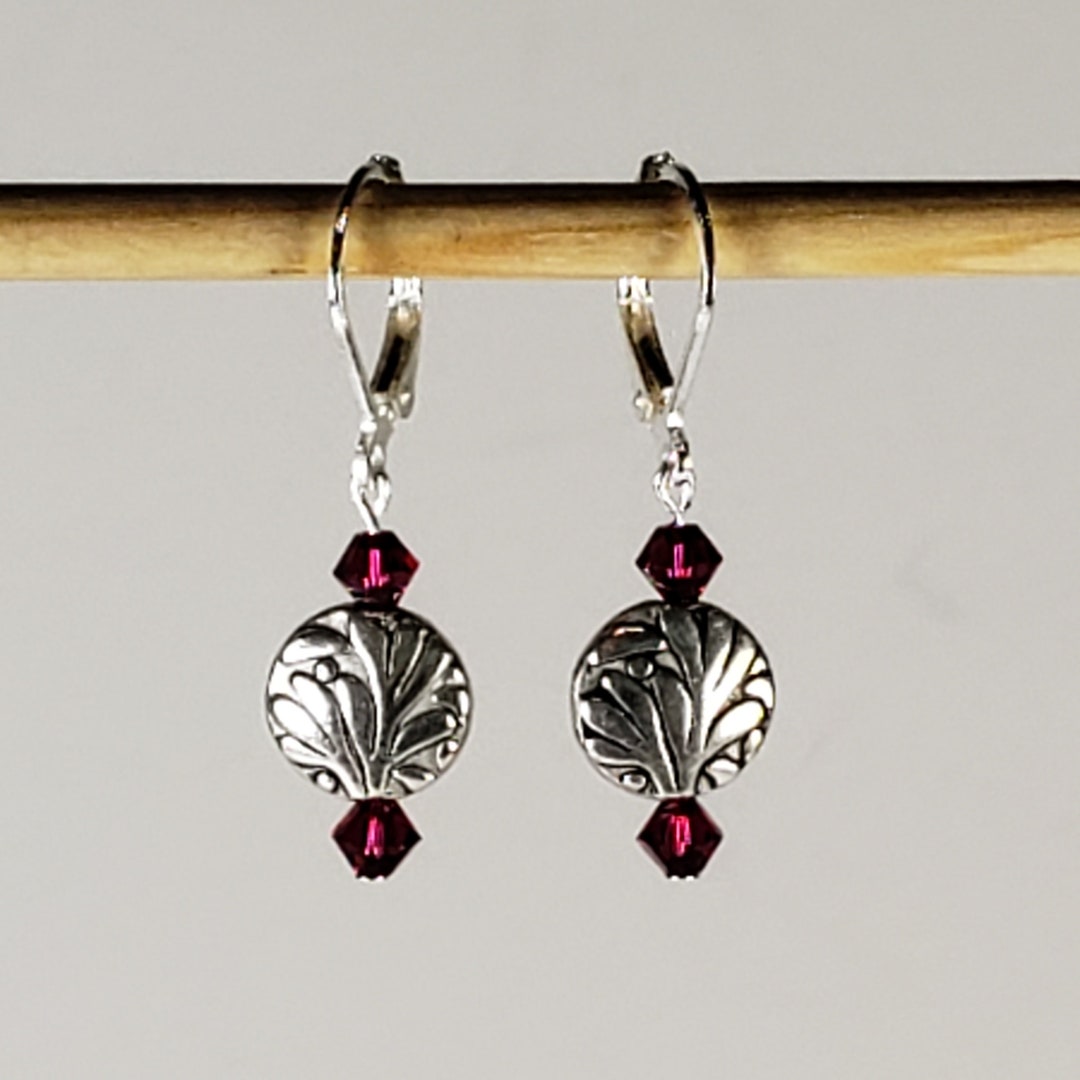 Magenta Earrings in Antique Sterling Silver Plated Floral Disc ...