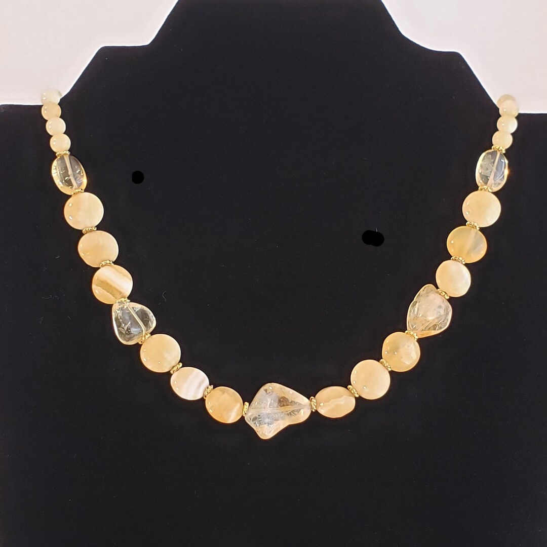 Citrine & Yellow Calcite Beaded Gemstone Necklace in Nuggets, Coins ...