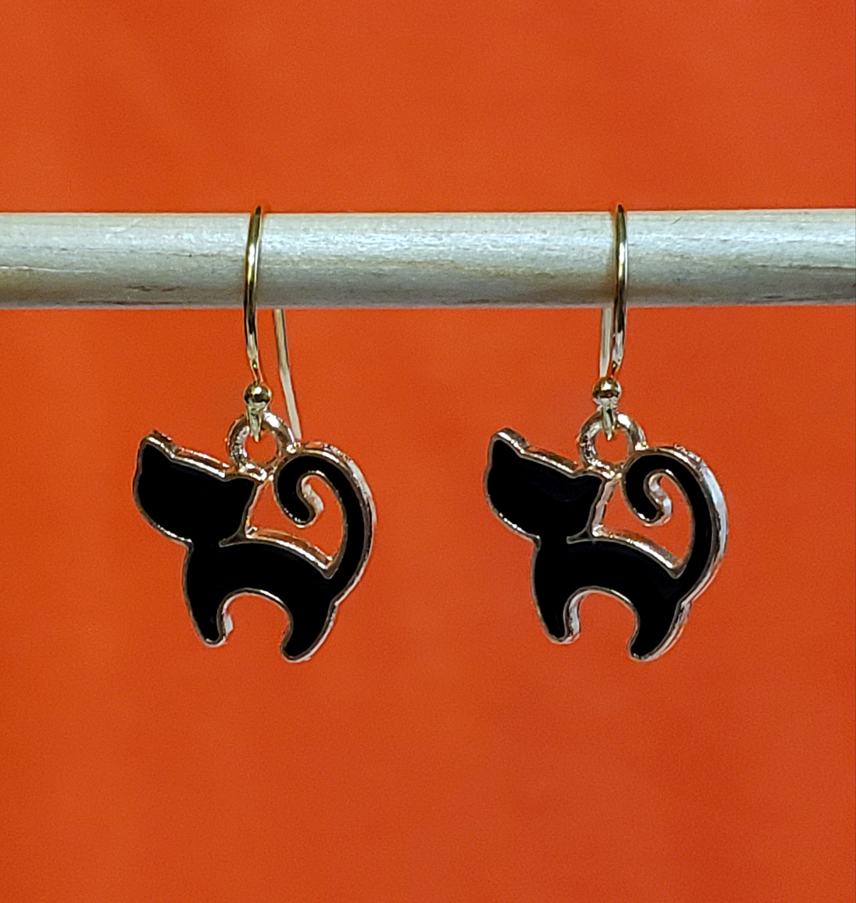 Black Enameled Cat Earrings With Gold Plated Trim and 14K Gold - Etsy