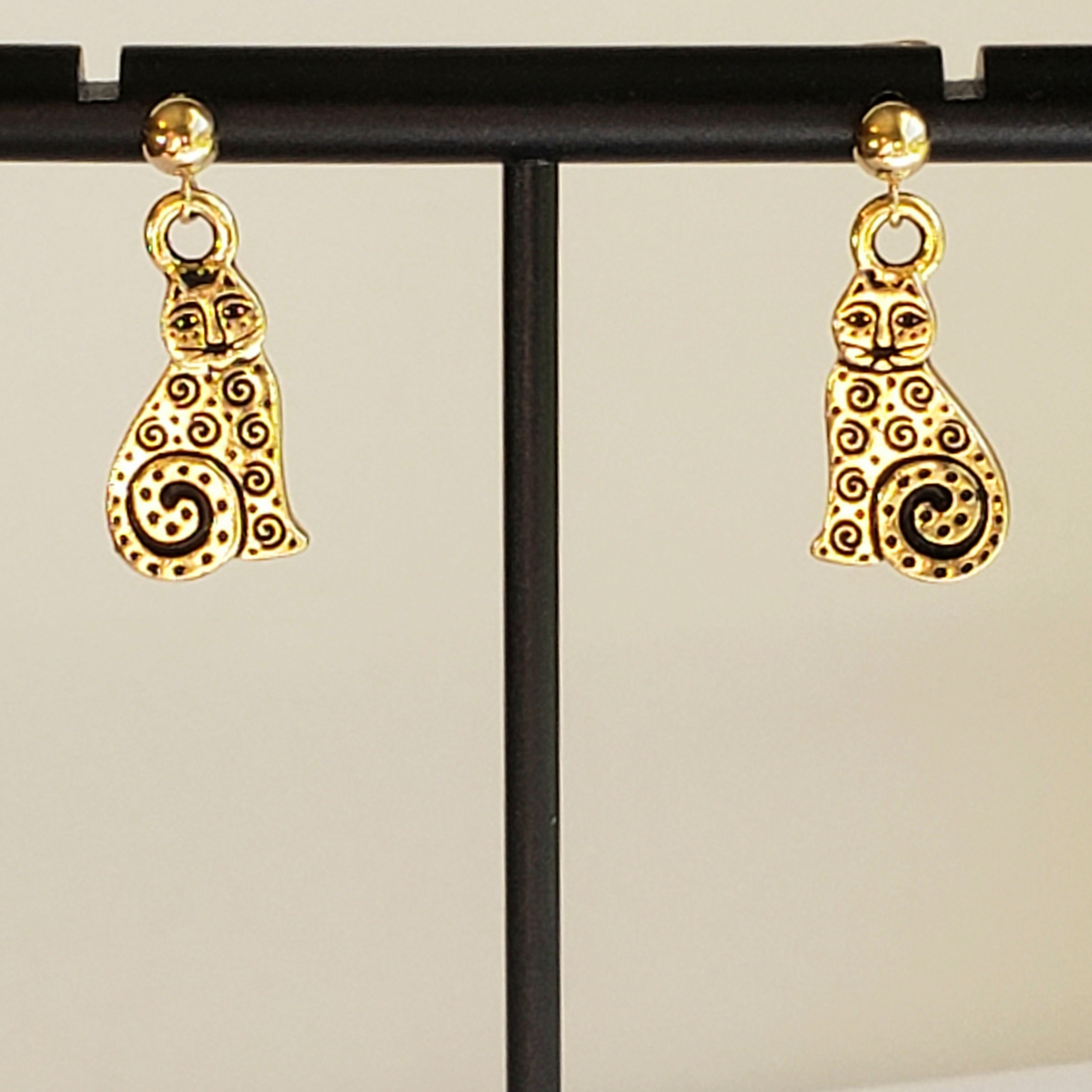 Black Enameled Cat Earrings With Gold Plated Trim and 14K Gold - Etsy