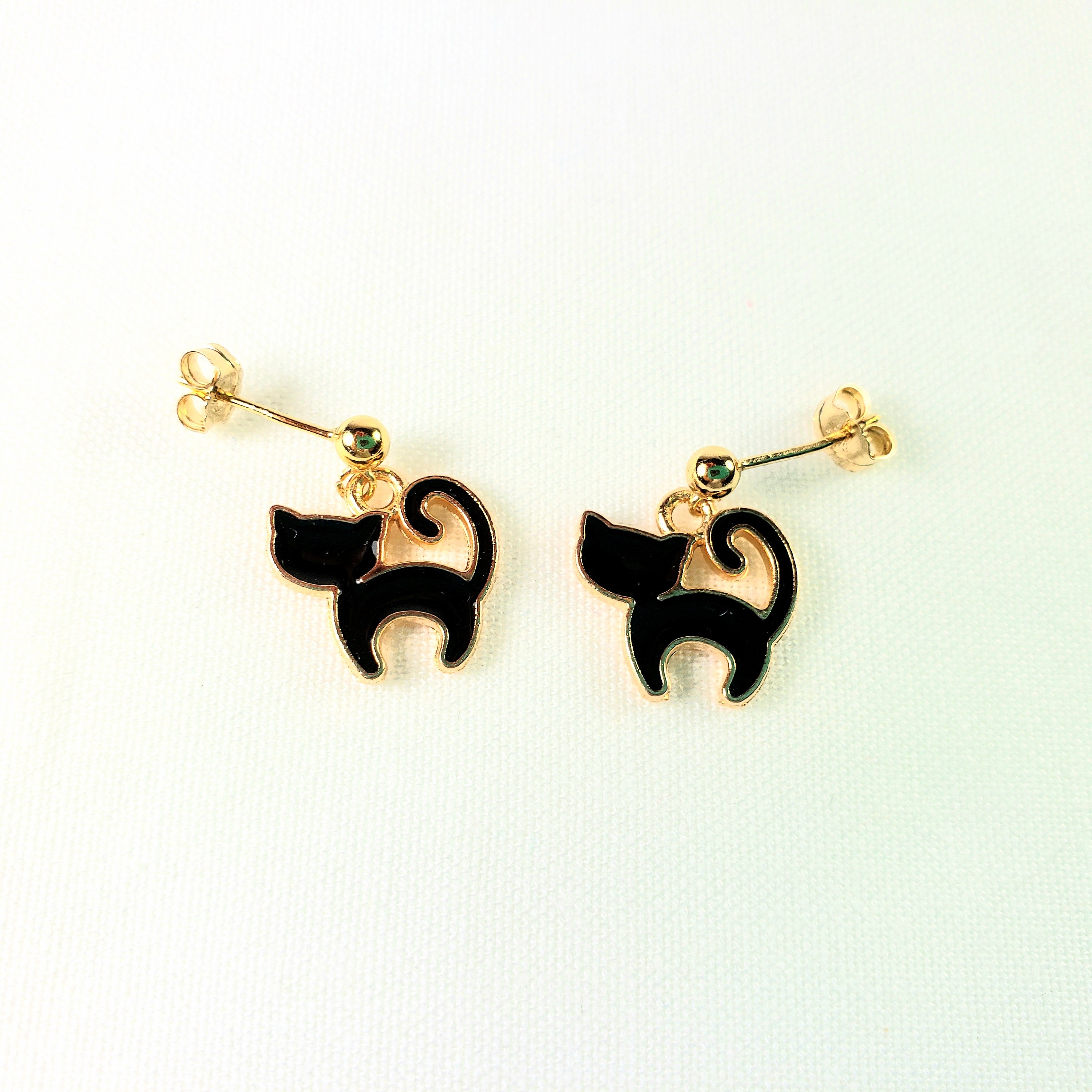 Black Enameled Cat Earrings With Gold Plated Trim and 14K Gold - Etsy