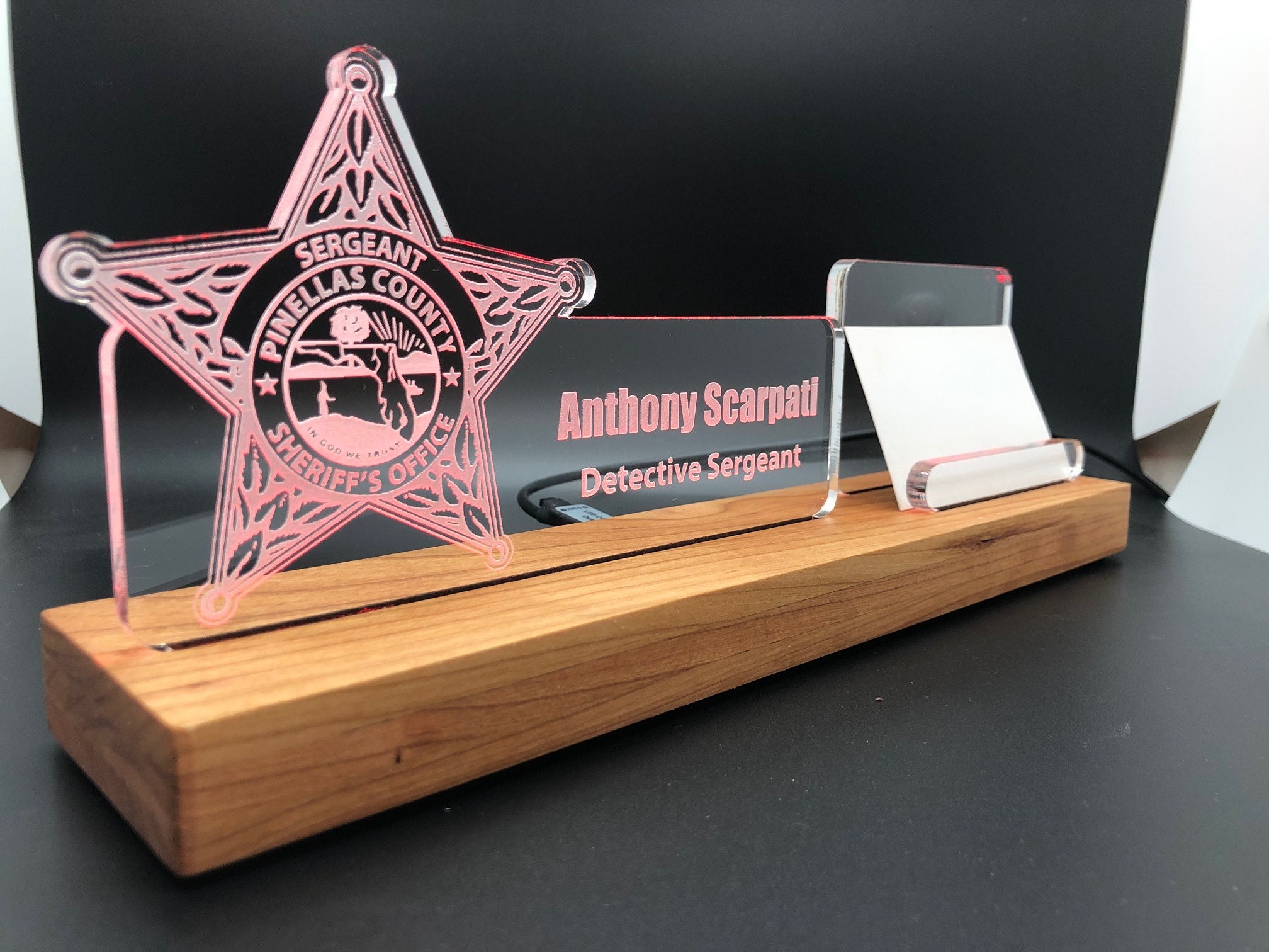 Personalized LED Light Desk Name Plate and Business Card Holder. Maple ...