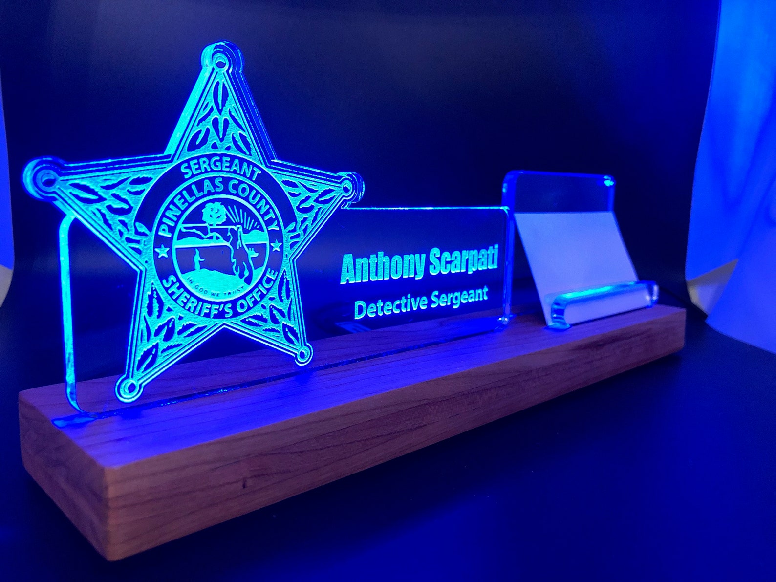 Personalized LED Light Desk Name Plate and Business Card Holder. Maple ...