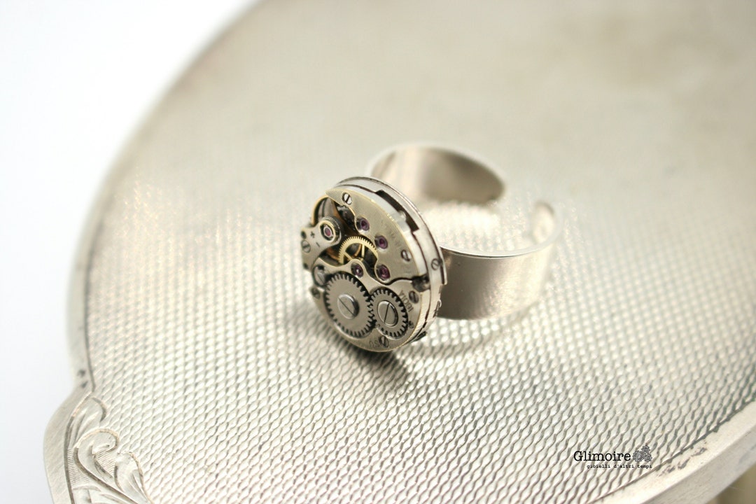 Vintage Watch Mechanism Ring in 925 Silver adjustable Base, Round Art ...