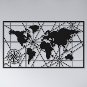 Geometric Metal World Map Wall Art: Modern Travel Decor (39x22 Inches ...