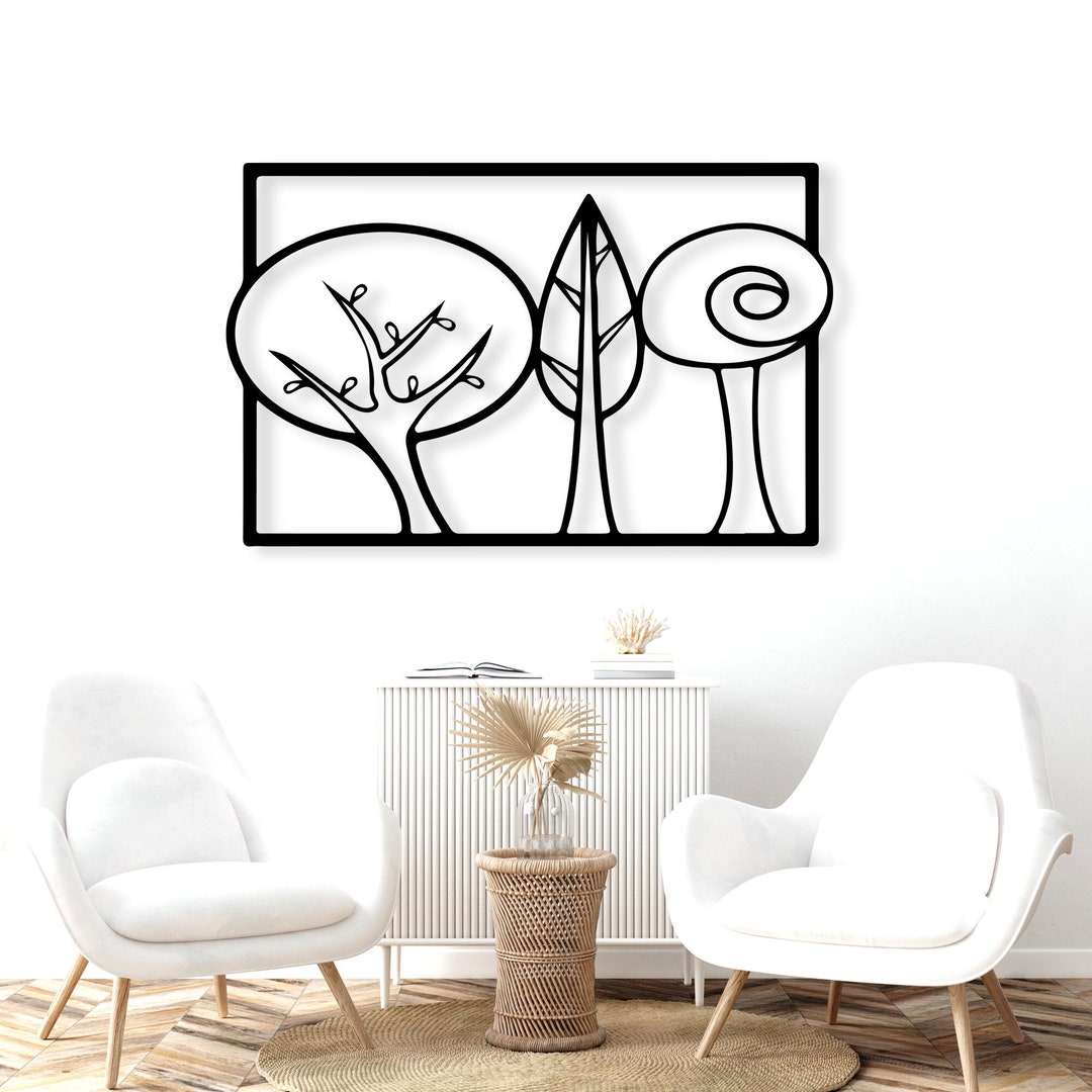Minimalist Tree Art, Metal Wall Art, Linear Wall Decor, Tree Set Wall ...