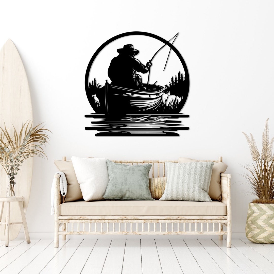 Fisherman Wall Decor, Man Fishing on Boat Wall Decor, Lake Wall Art ...
