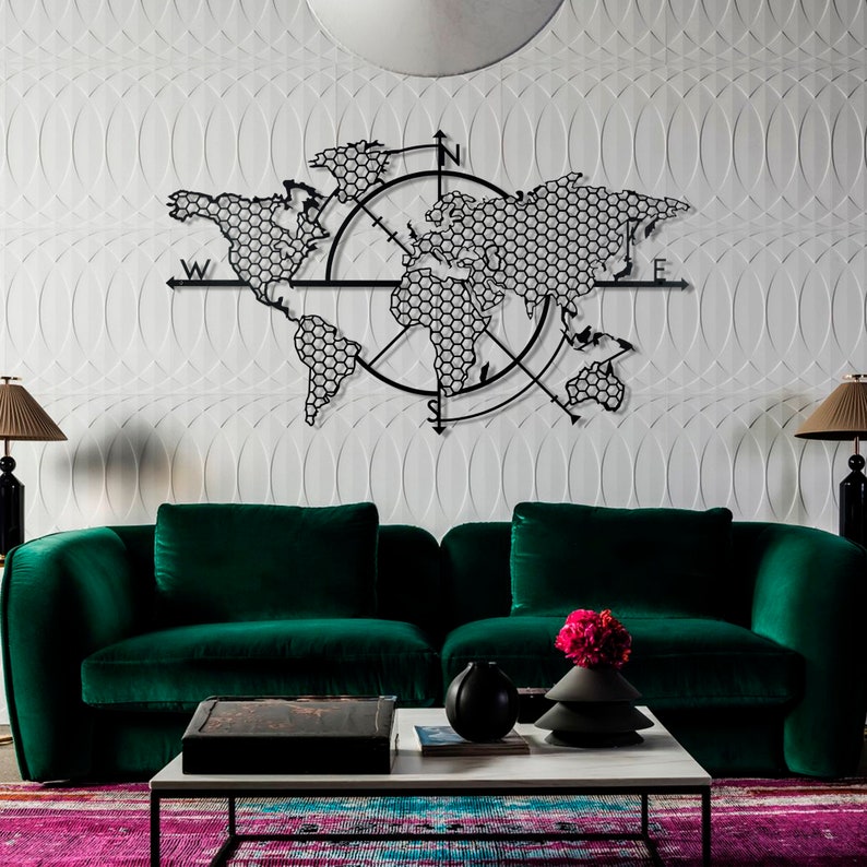 Metal World Map Compass Metal Wall Decor Art Work World Map - Etsy Canada