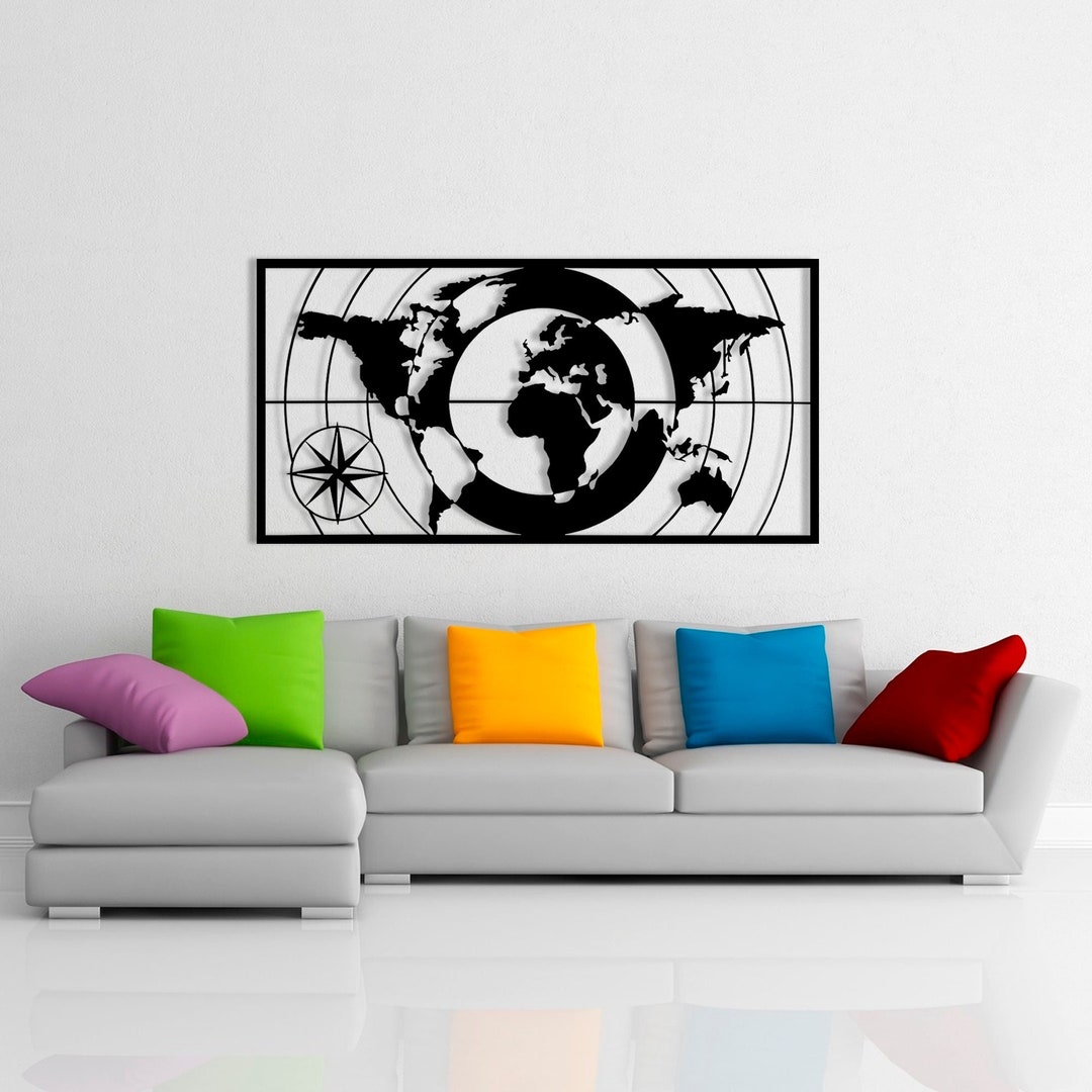 XL World Map Metal Wall Art: Compass Home Decor (47x24in) - Etsy