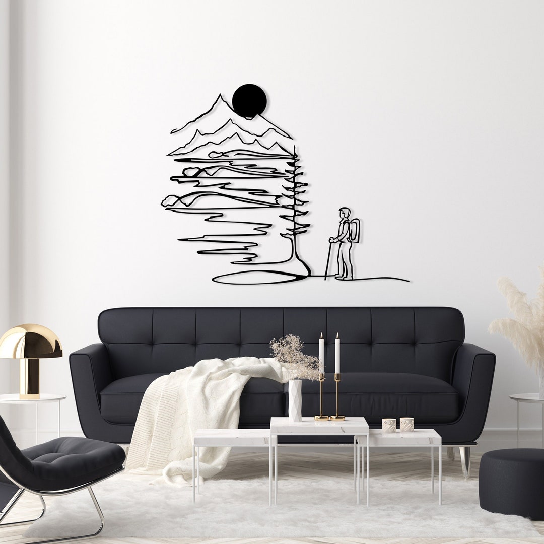 Minimalist Mountain Climbing Metal Wall Art: Nature Line Decor - Etsy