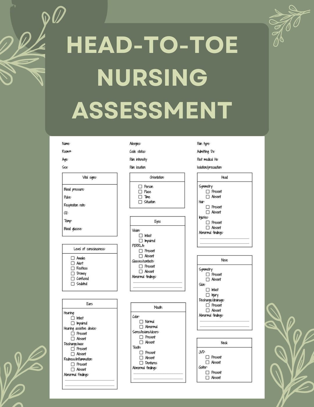 Head-to-toe Nursing Assessment Sheet - Etsy