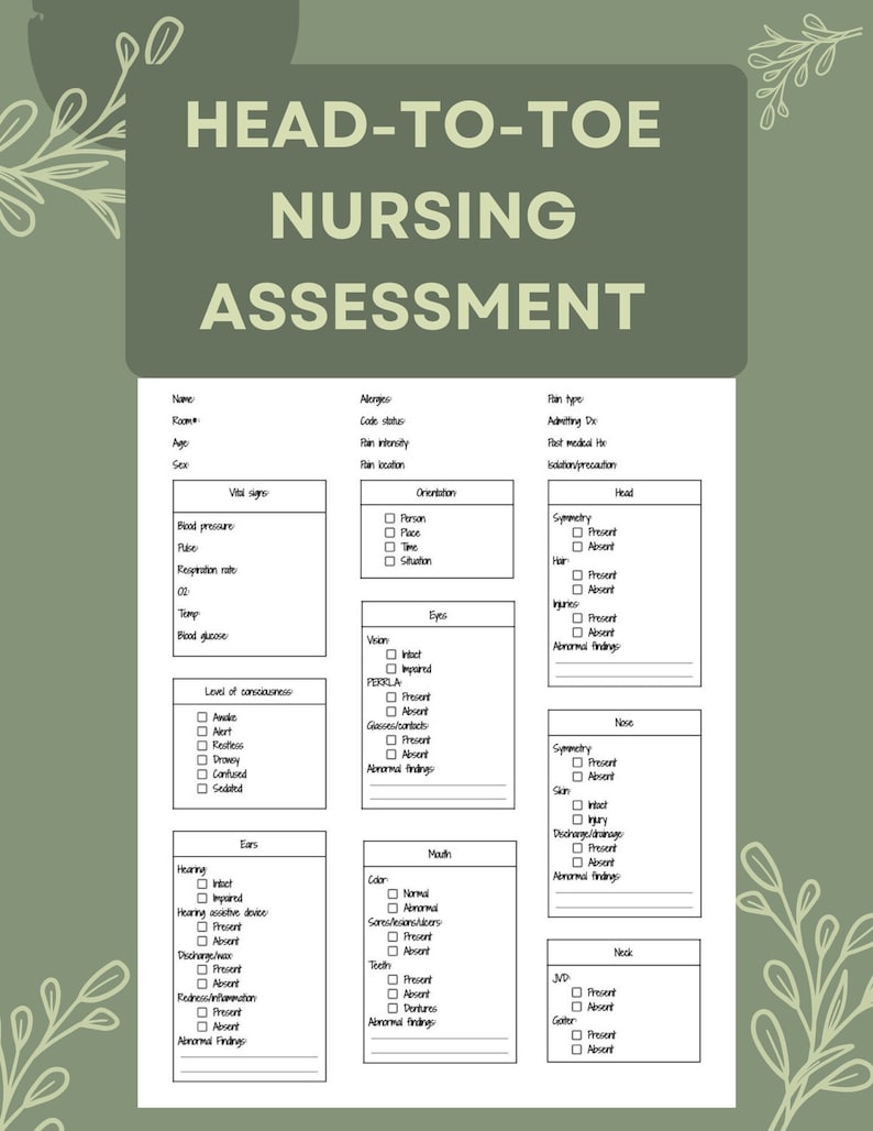 Head-to-toe Nursing Assessment Sheet - Etsy