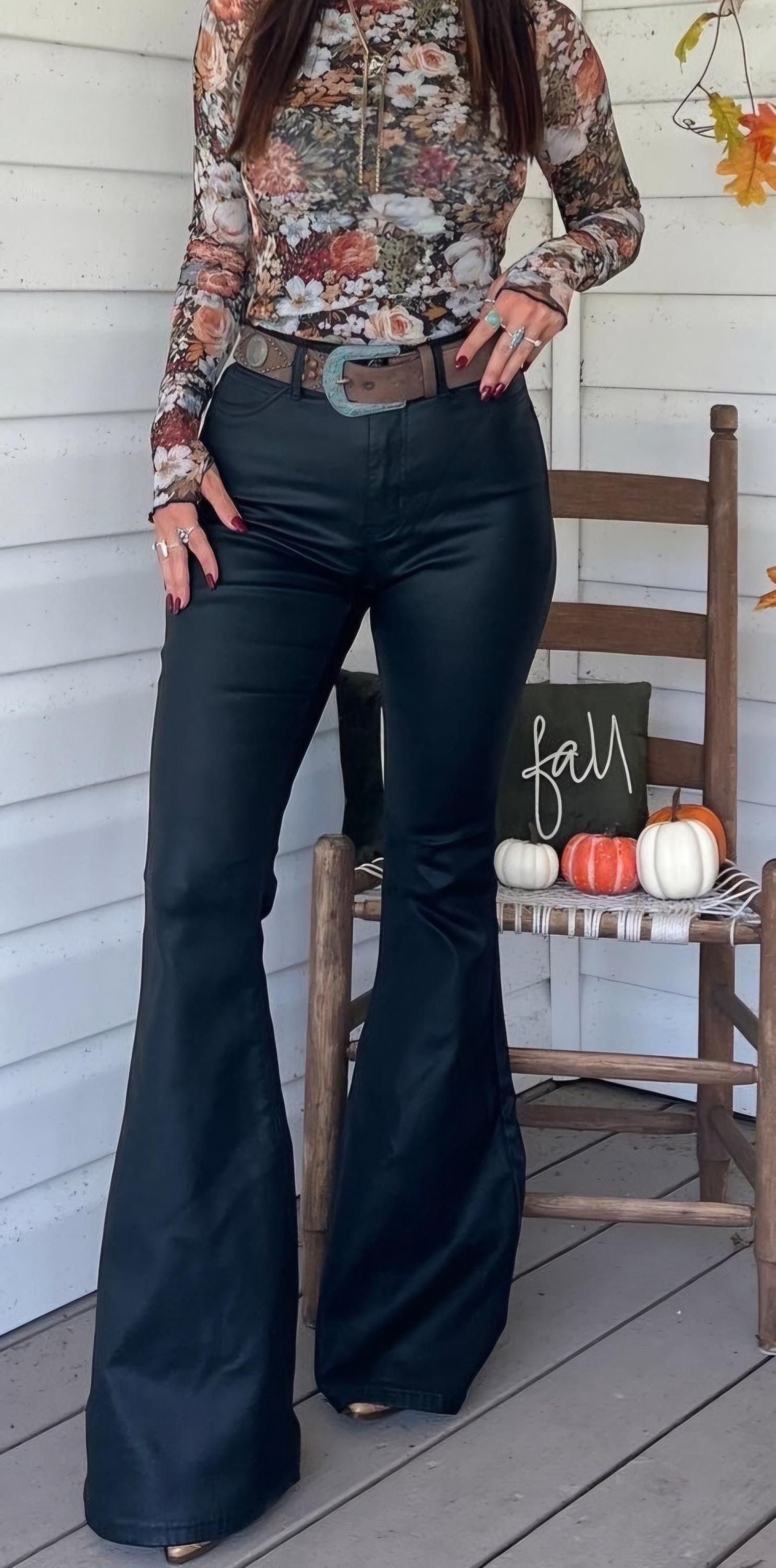BLACK LEATHER FLARES| Stretchy Bell Bottoms| Western Boho Flares| Goth ...