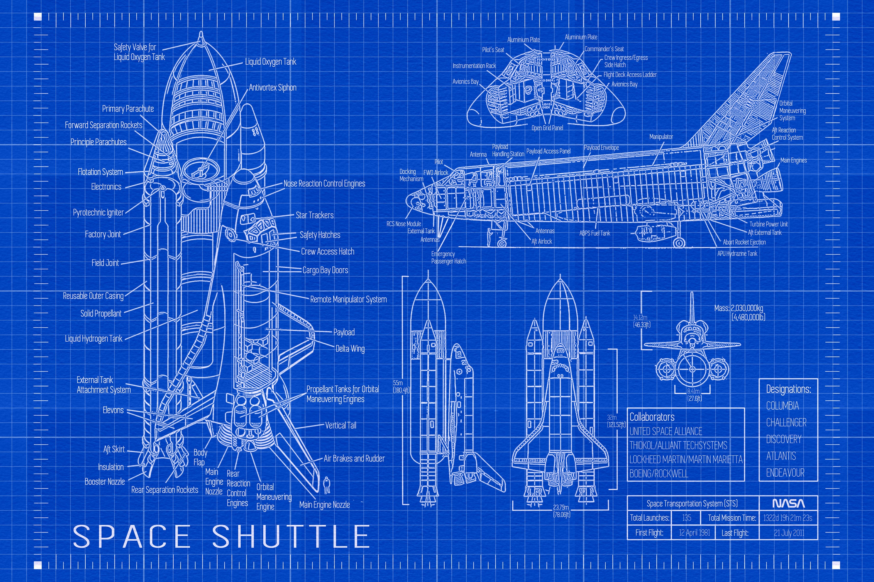 Space Shuttle Blueprint Wall Art Space Gift A2 A3 A4 Unframed - Etsy