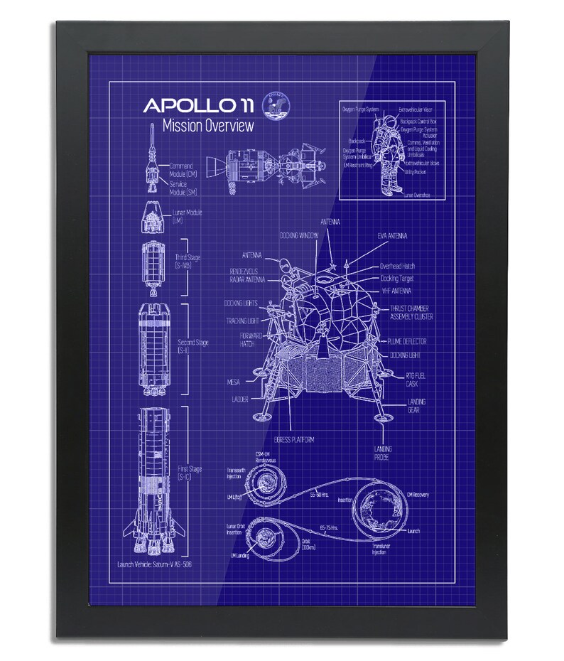 Apollo 11 Mission Blueprint Moon Landing Gift Wall Art 9x11 A3 12x16 A2 ...
