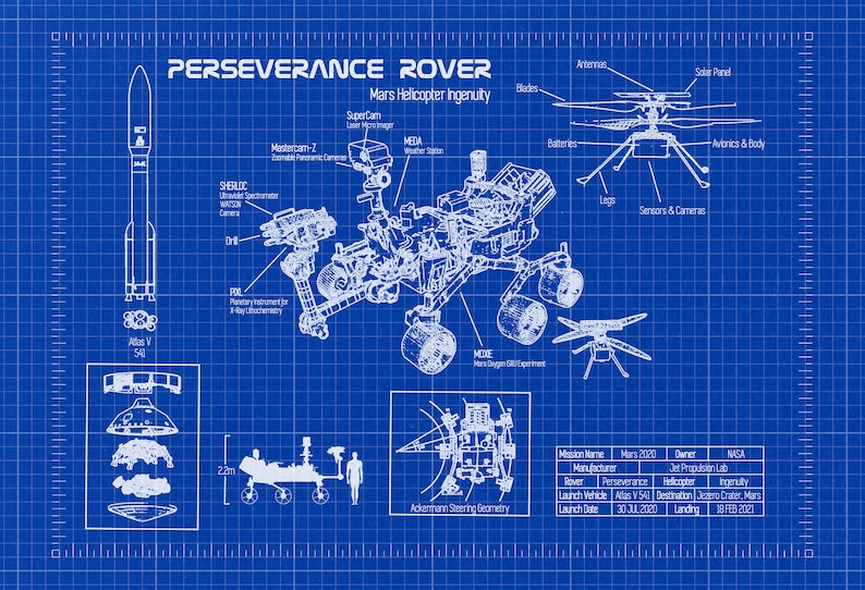 Mars Perseverance Rover Blueprint | Space Gift | Wall Art | 9"x11" | A3 ...