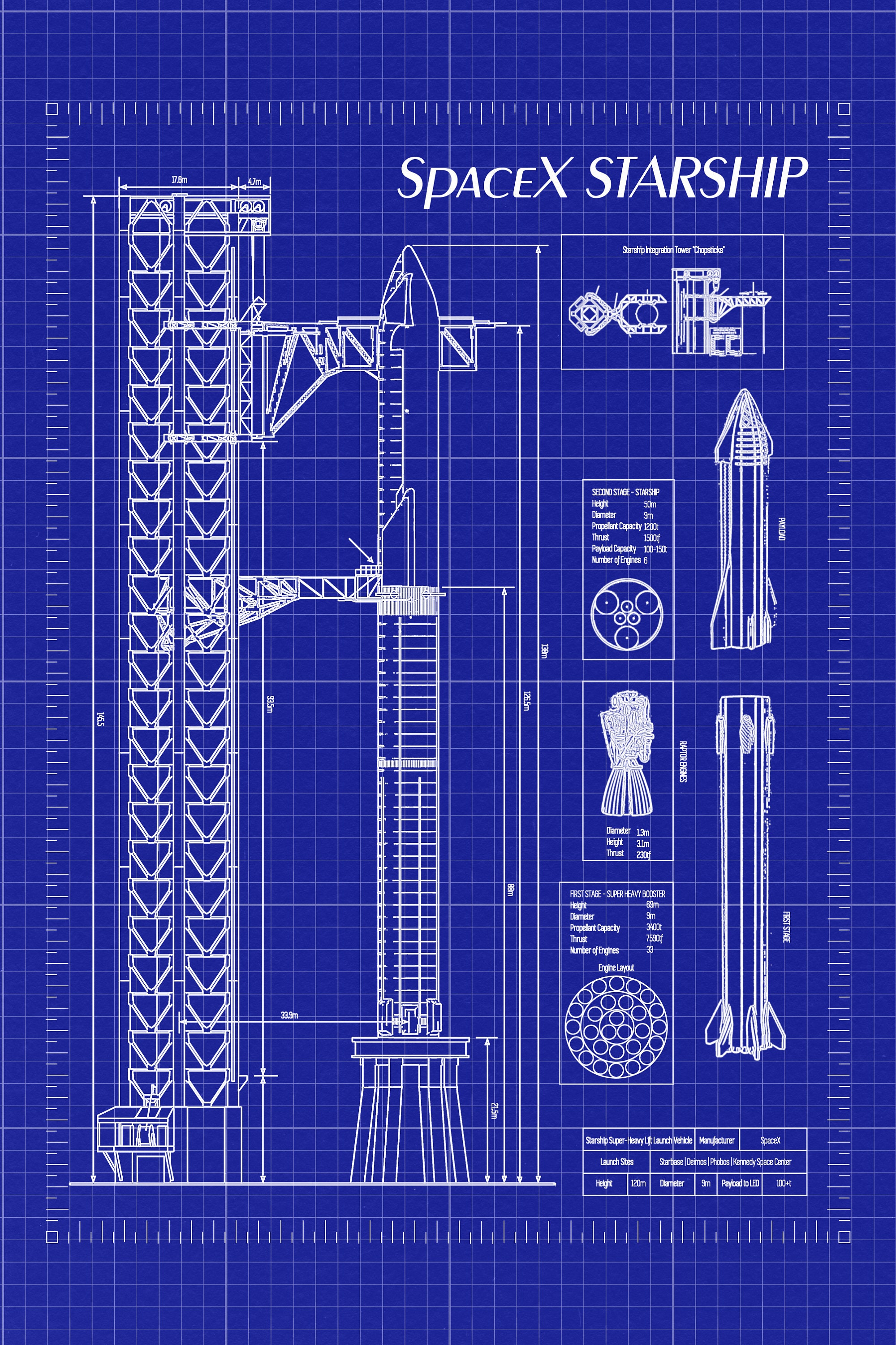 Spacex Starship Blueprint Wall Art Space Gift 9x11 A3 12x16 A2 18x24 ...