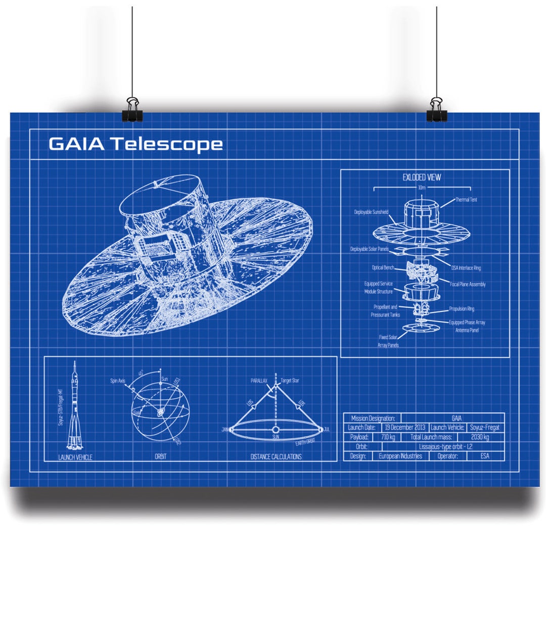 Gaia Telescope Blueprint Space Gift Wall Art 9x11 A3 12x16 A2 18x24 ...