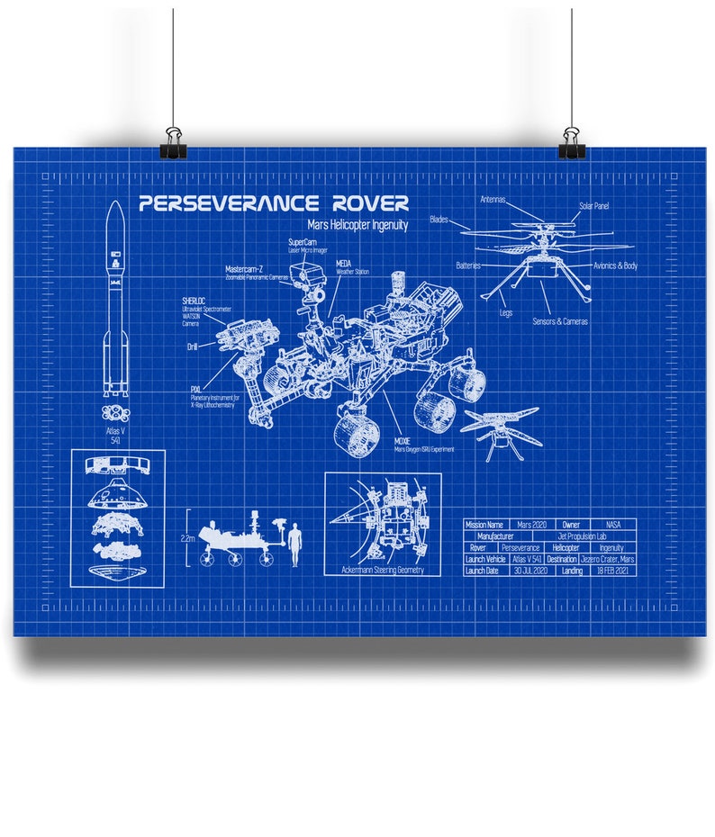 Mars Perseverance Rover Blueprint | Space Gift | Wall Art | 9"x11" | A3 ...