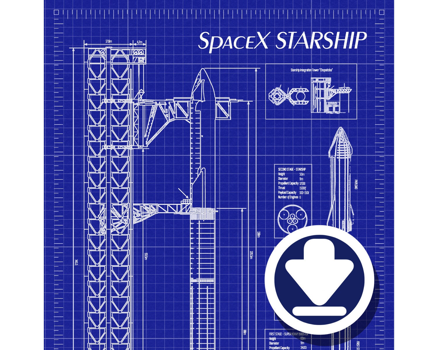 Digital Download Spacex Starship Blueprint Wall Art Space Gift - Etsy