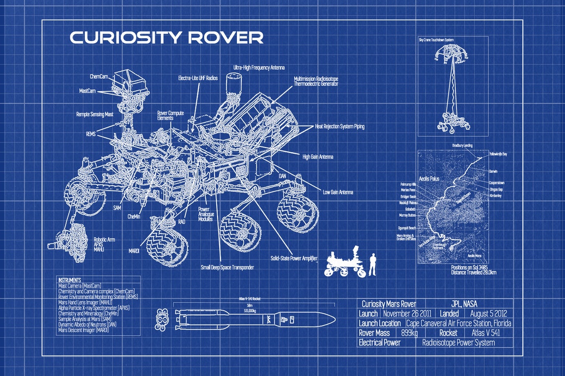 Mars Curiosity Rover Blueprint Space Gift Wall Art A3 10x15 A4 8x10 ...