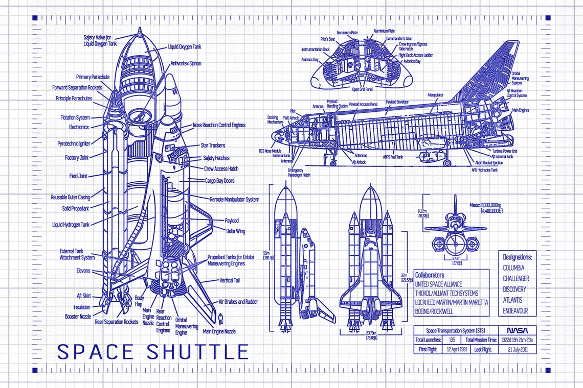 Space Shuttle Blueprint 2 for 1 Digital File Instant Download Both Blue ...