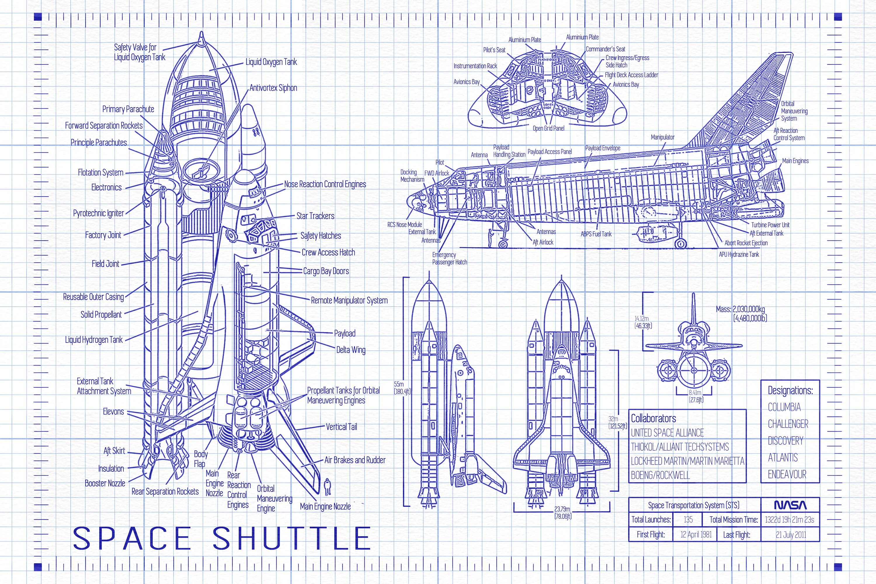 Space Shuttle Blueprint Wall Art Space Gift A2 A3 A4 Unframed - Etsy