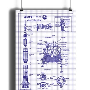Apollo 11 Mission Blueprint Moon Landing Gift Wall Art 9x11 A3 12x16 A2 ...