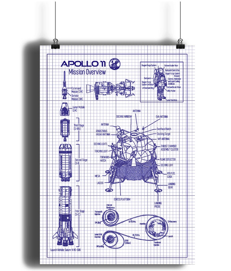 Apollo 11 Mission Blueprint Moon Landing Gift Wall Art 9x11 A3 12x16 A2 ...