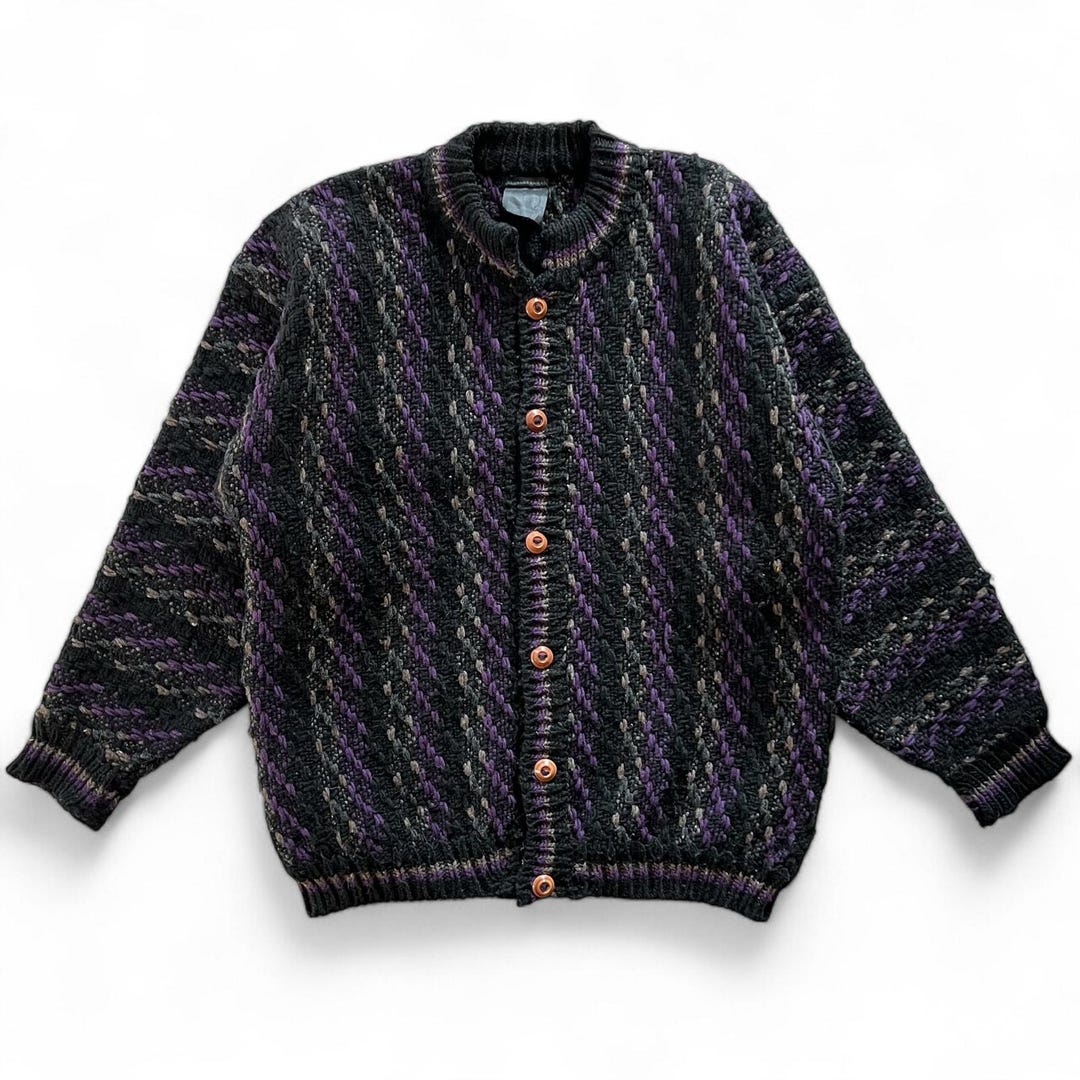 Vintage Chunky Hand Knit Striped Cardigan Sweater Black Purple Grandpa ...