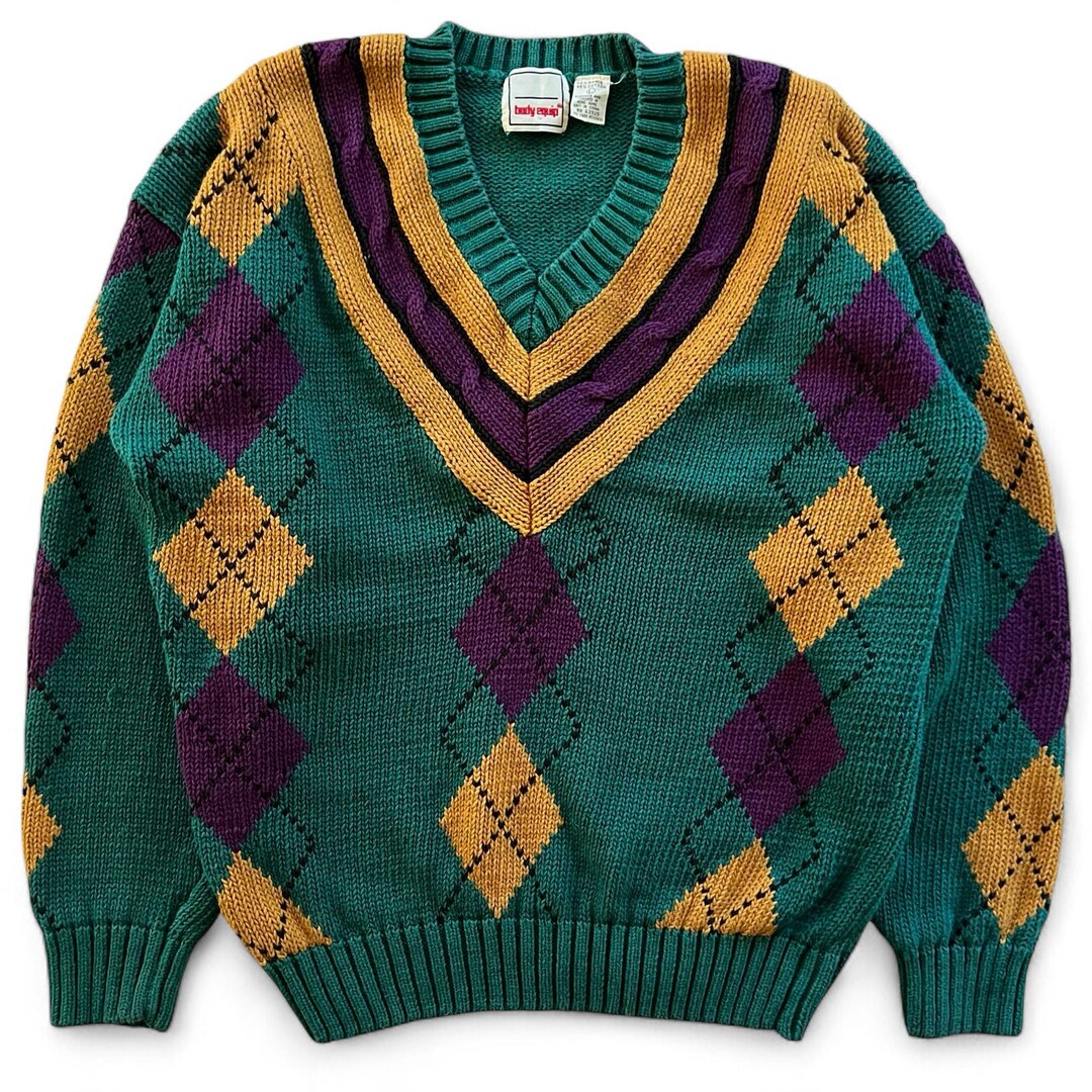 Vintage Body Equip Chunky Cable Knit Varsity Argyle Sweater L 90s Jock ...