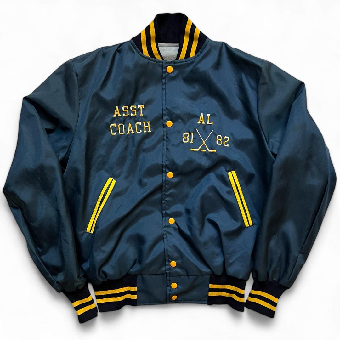 Vintage 80s Coach Hockey Bomber Jacket Navy Blue Yellow Varsity Nylon ...