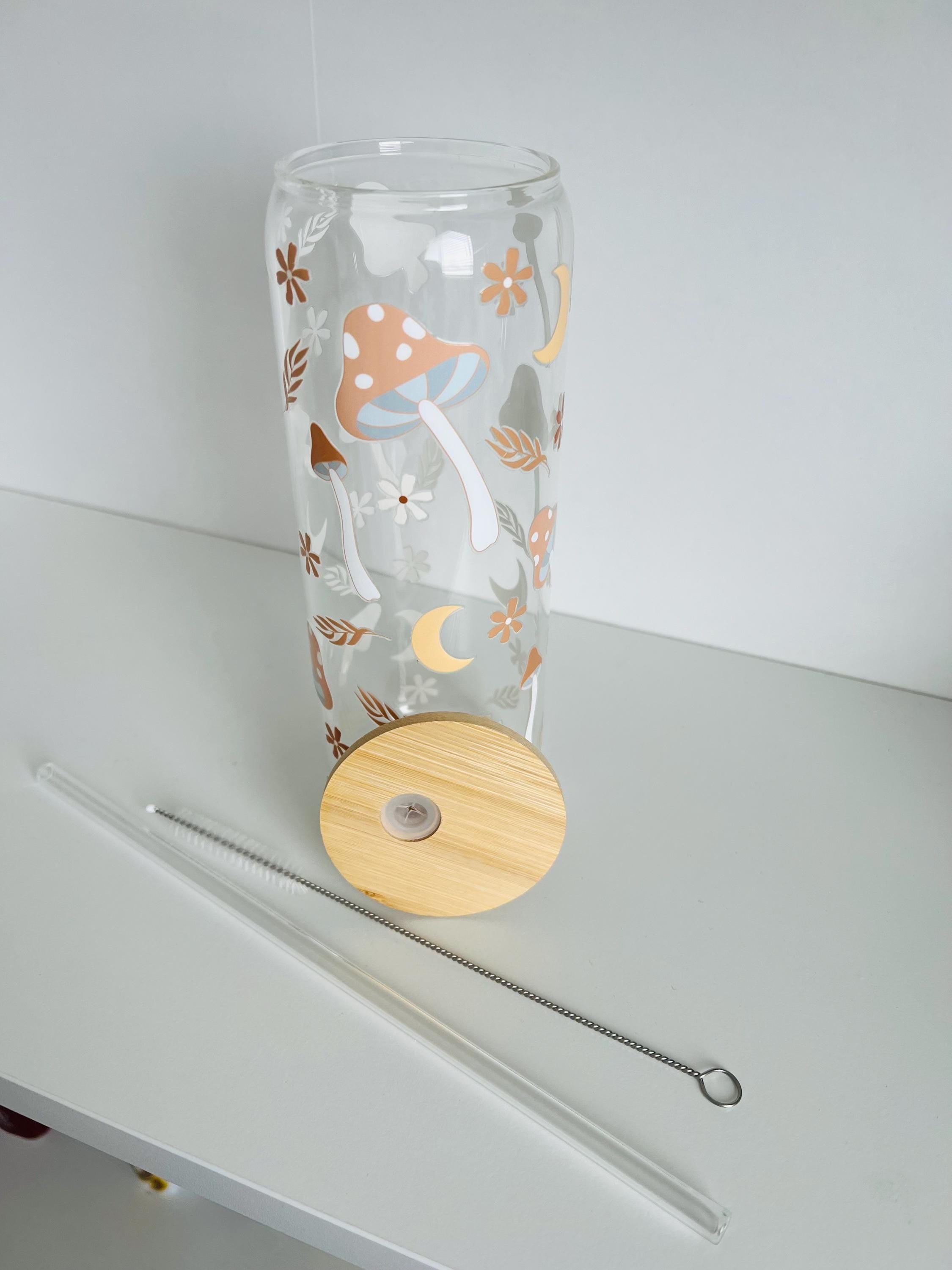 Handmade Cottagecore Mushroom Tall Glass Can Tumbler With Bamboo Lid ...