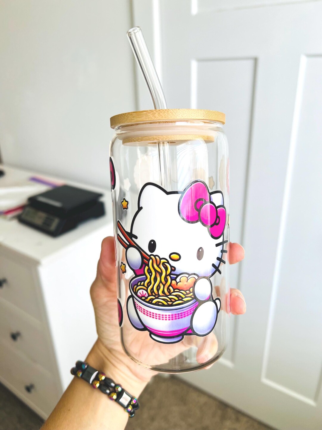 Hello Kitty Ramen Glass Tumbler With Bamboo Lid & Glass Straw - 16 Oz ...