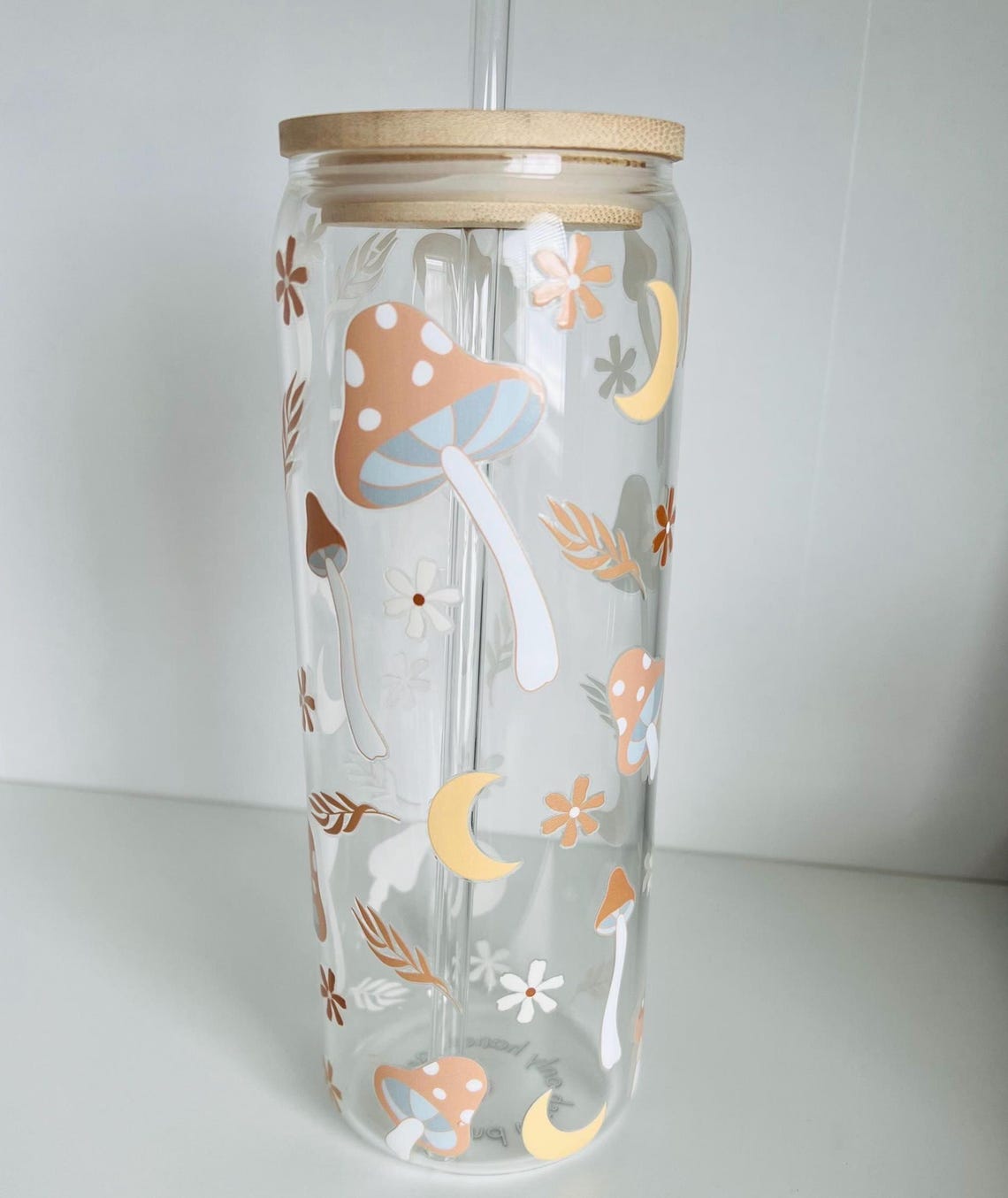 Handmade Cottagecore Mushroom Tall Glass Can Tumbler With Bamboo Lid ...