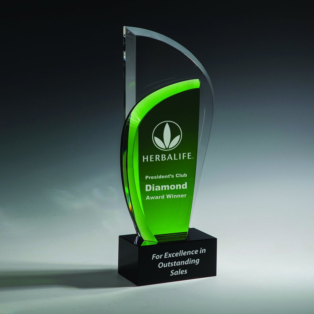 Crystal Green Leaf Award 3 1/2'W X 10"h by Haertling Engraved and ...