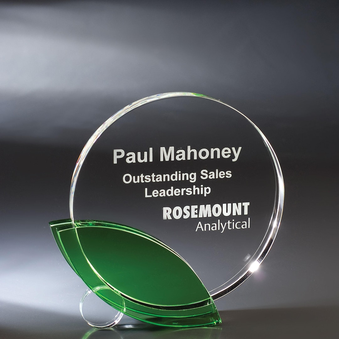 Crystal Green Leaf Recognition Award 6 1/2"w X 6 1/2"h Engraved and ...