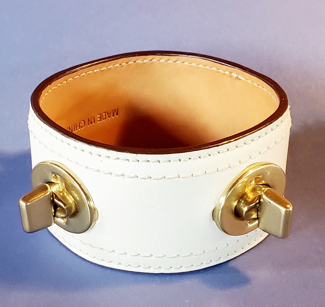 COACH Leather Turnlock Cuff Bracelet Wide White Brass Signed Excellent ...