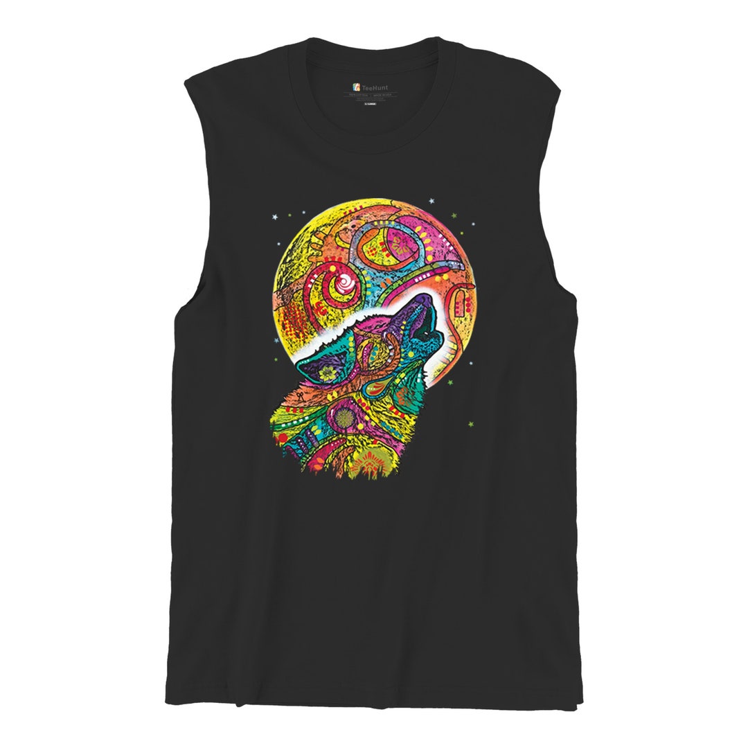 Howling Wolf and Moon Dean Russo Colorful Wild Life Muscle Shirt Neon ...