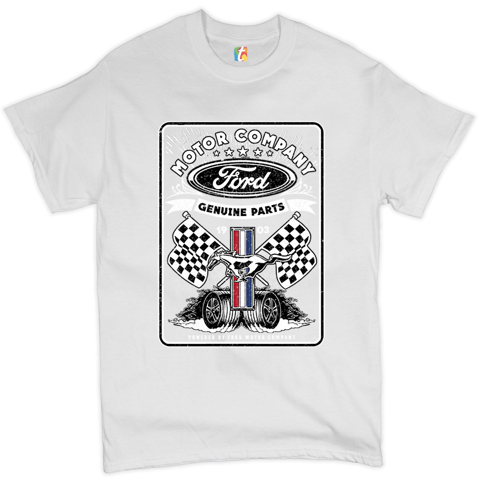 Ford Motor Company T-shirt Genuine Parts, Racing Flags, Mustang Logo ...