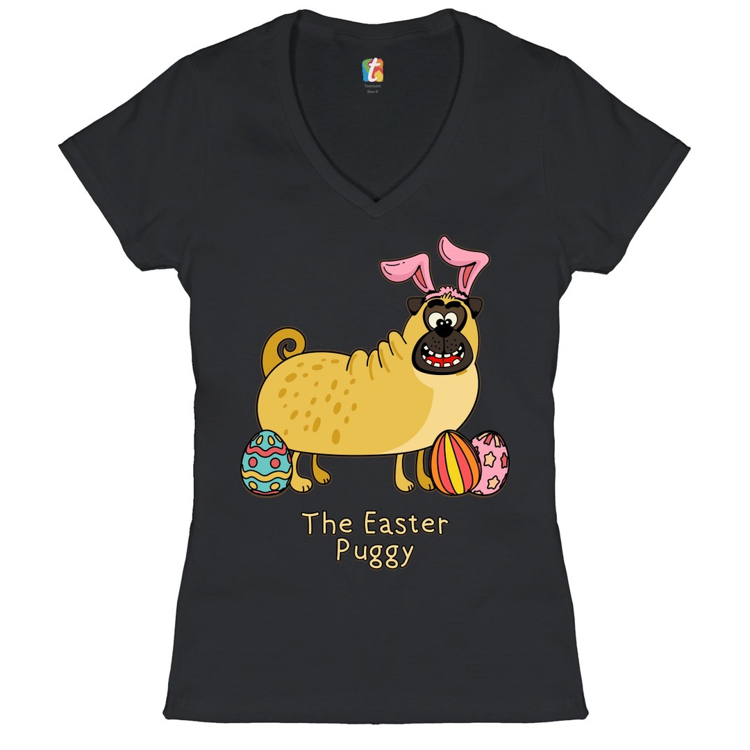 The Easter Puggy Women's V-neck T-shirt Cute Pug With Bunny Ears ...