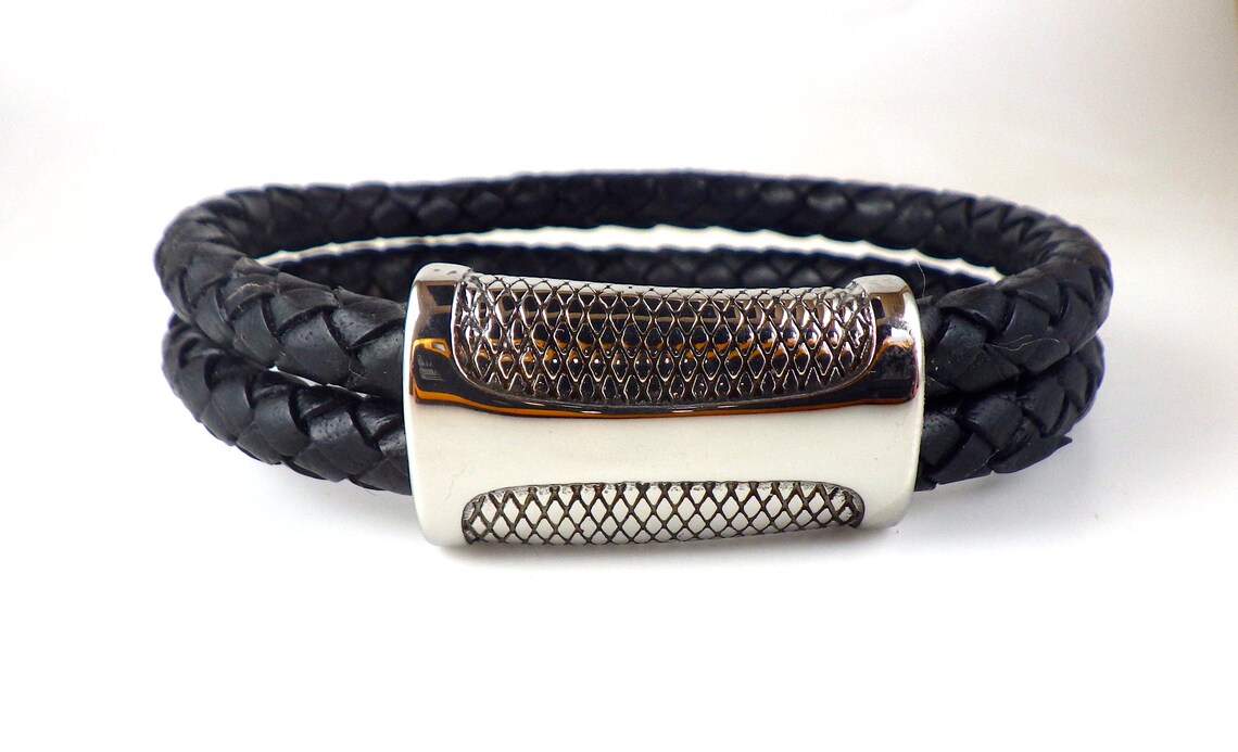 Men's Braided Leather Bracelet With Snake Skin Patterned Magnetic Clasp ...