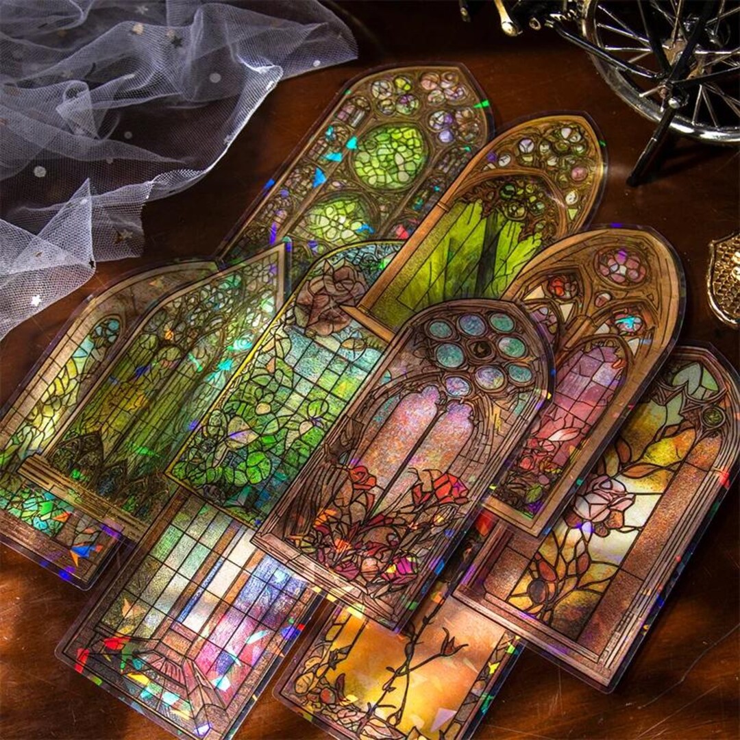Stained Glass PET Stickers, Iridescent Holographic Cathedral Window ...
