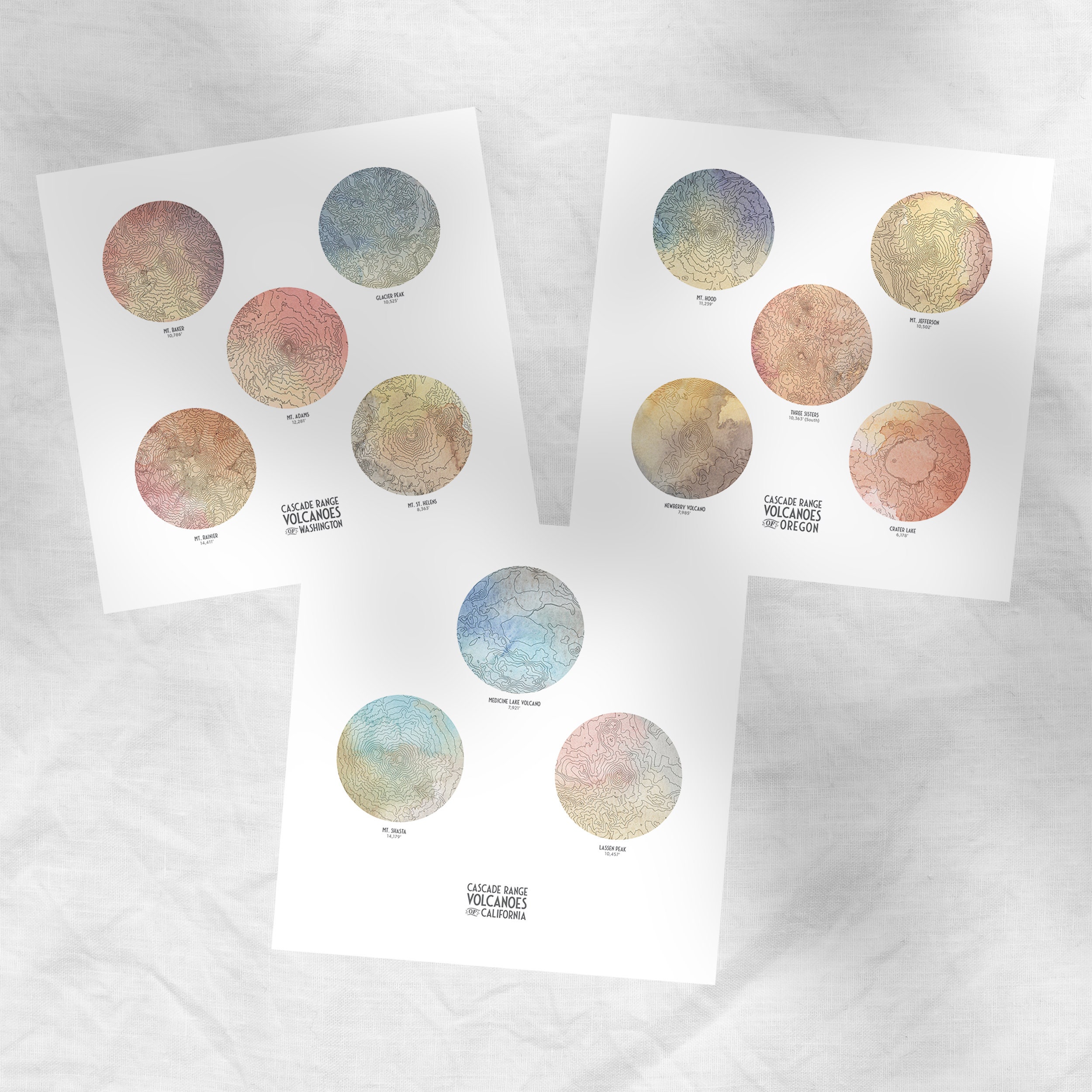 Cascade Range Volcanoes Topo Maps Set of 3 Mountain Art Prints ...