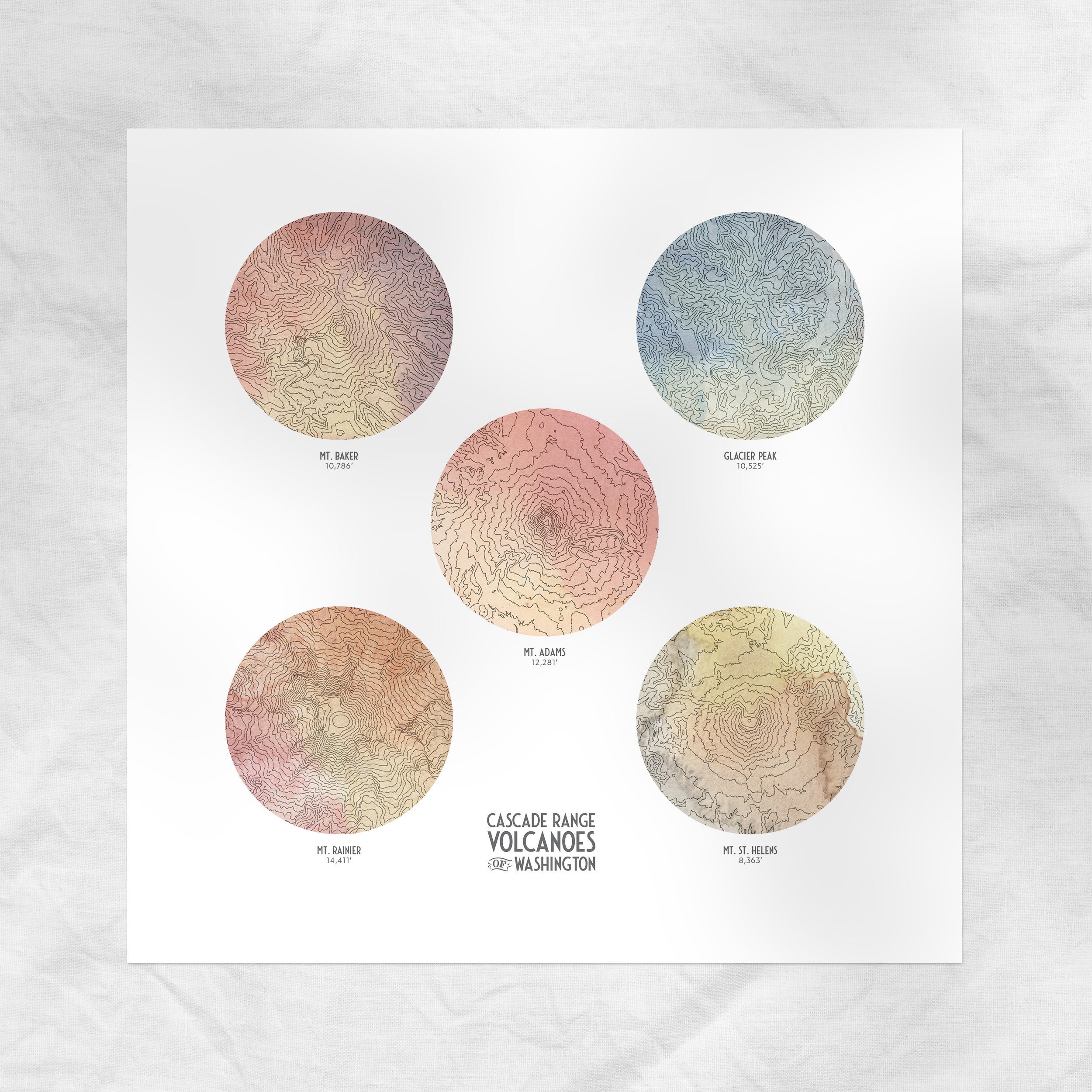 Cascade Range Volcanoes Topo Maps Set of 3 Mountain Art Prints ...