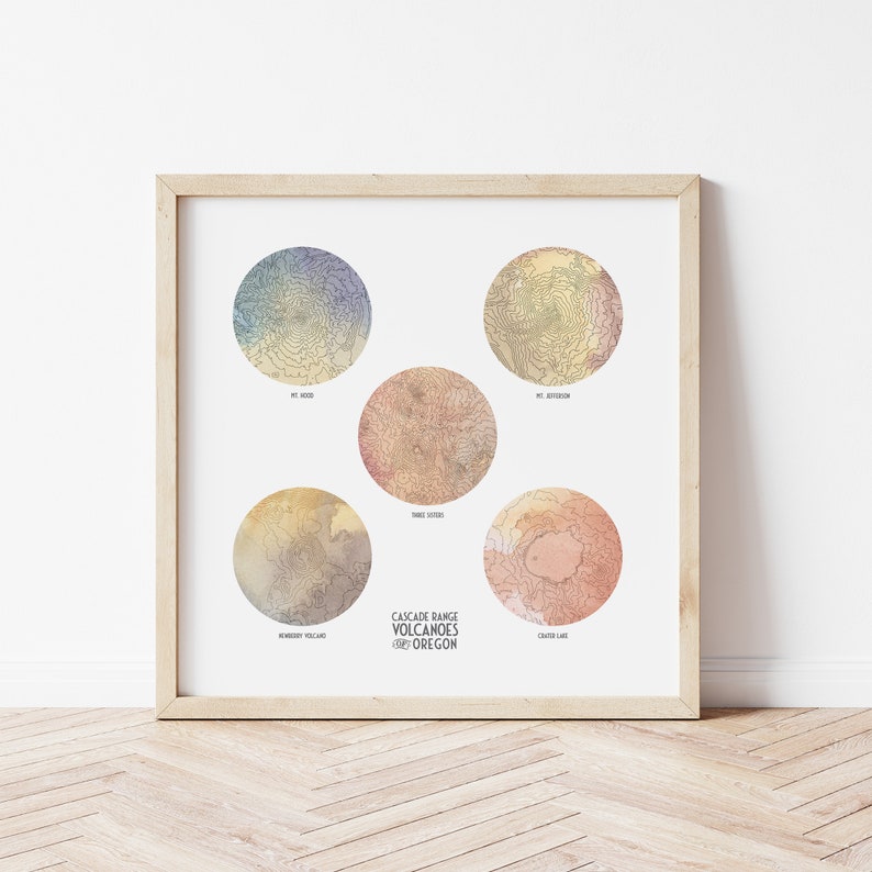 Cascade Range Volcanoes Topo Maps Set of 3 Mountain Art Prints ...