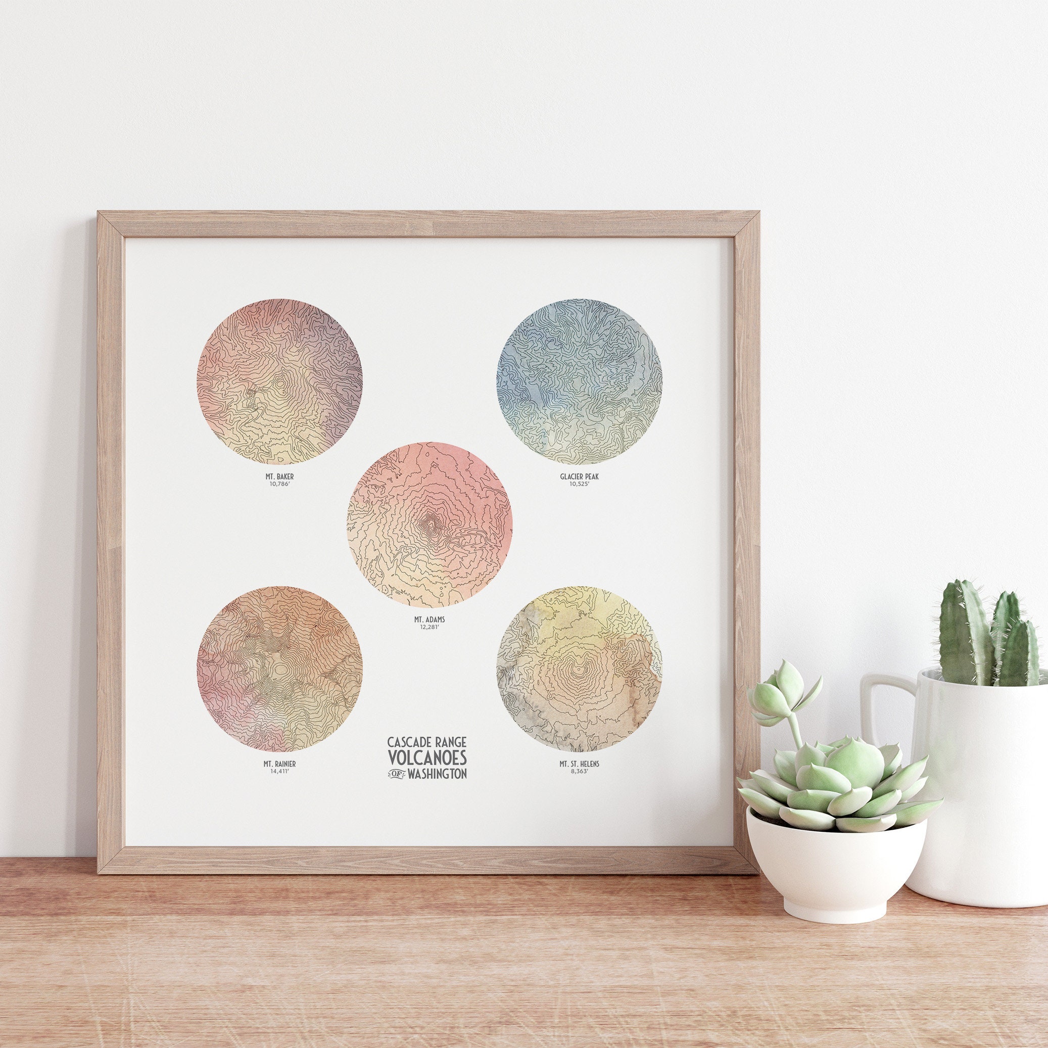 Volcanoes of Washington Topo Map Mountain Art Print Mt. Rainier, Mt ...