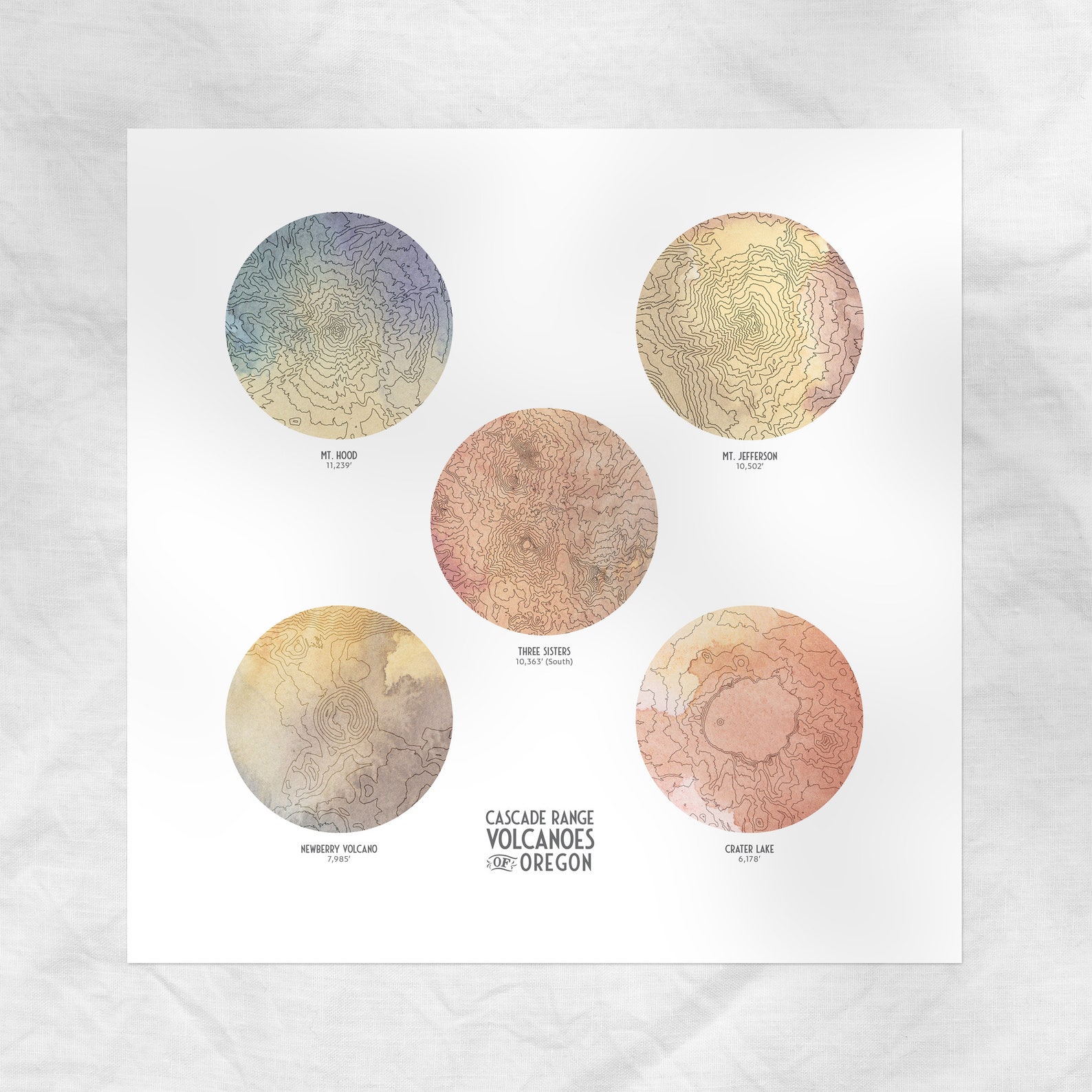 Cascade Range Volcanoes Topo Maps Set of 3 Mountain Art Prints ...